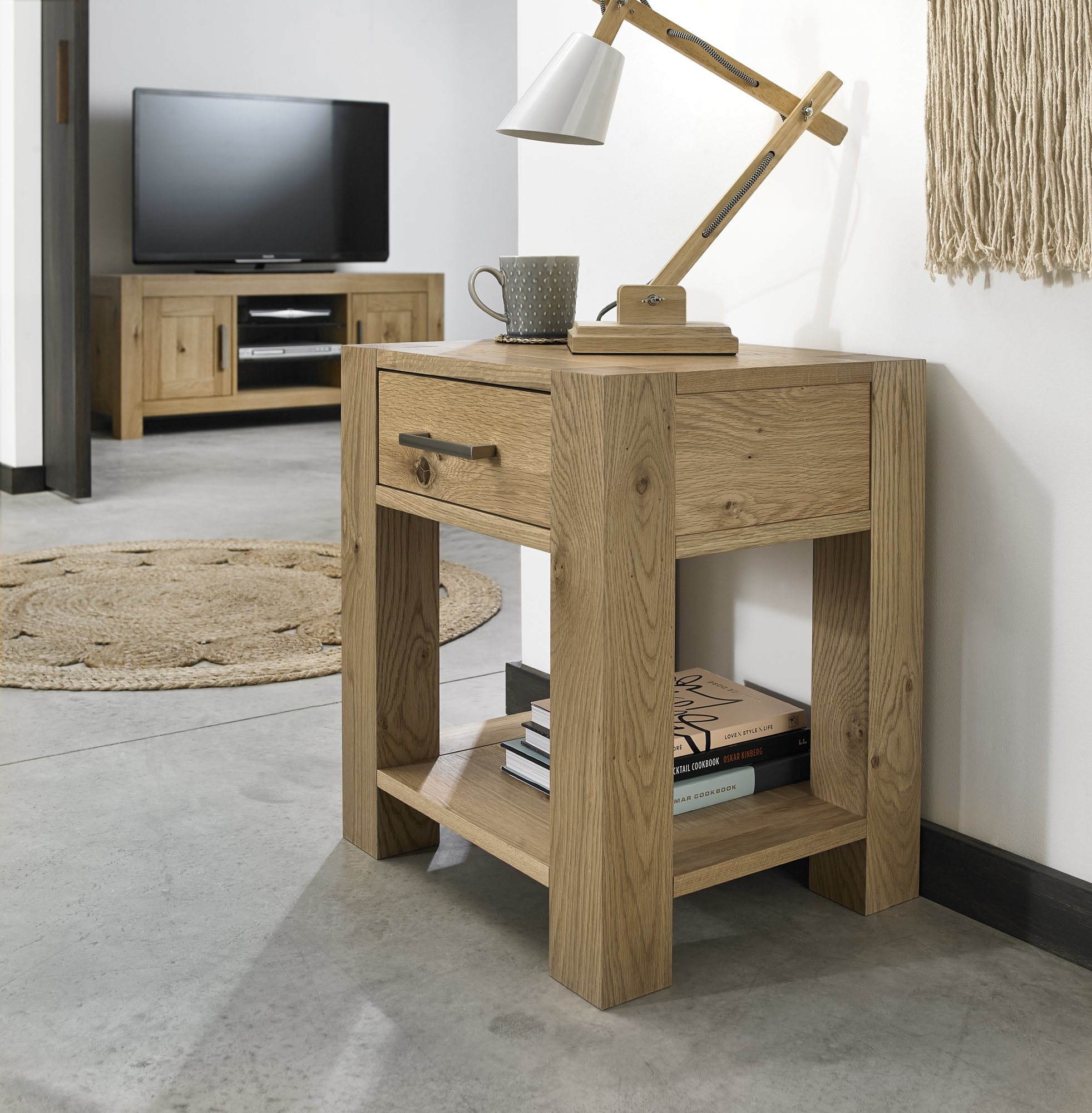 Turin Light Oak Lamp Table With Drawer | Living Room - Bentley Designs ...