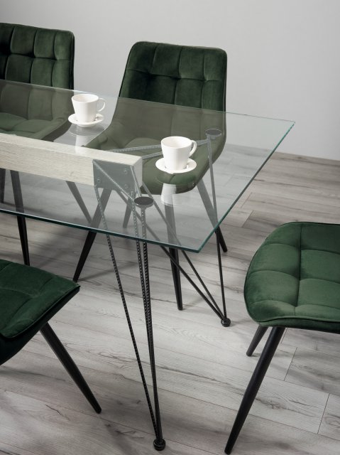 Gallery Collection Miro Clear Glass 6 Seater Table 6 Seurat Green Velvet Chairs Dining Sets Bentley Designs Outlet